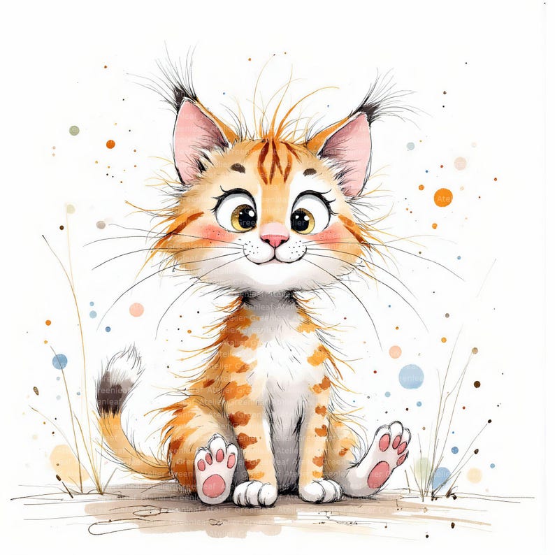 14 Scruffy Doodle Cats | Whimsical Cartoon Kitten Clipart | Watercolor ...