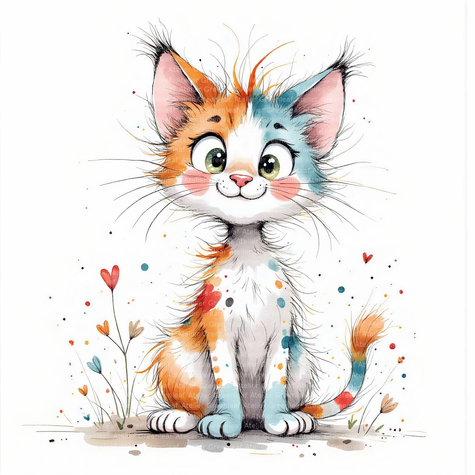 14 Scruffy Doodle Cats | Whimsical Cartoon Kitten Clipart | Watercolor ...