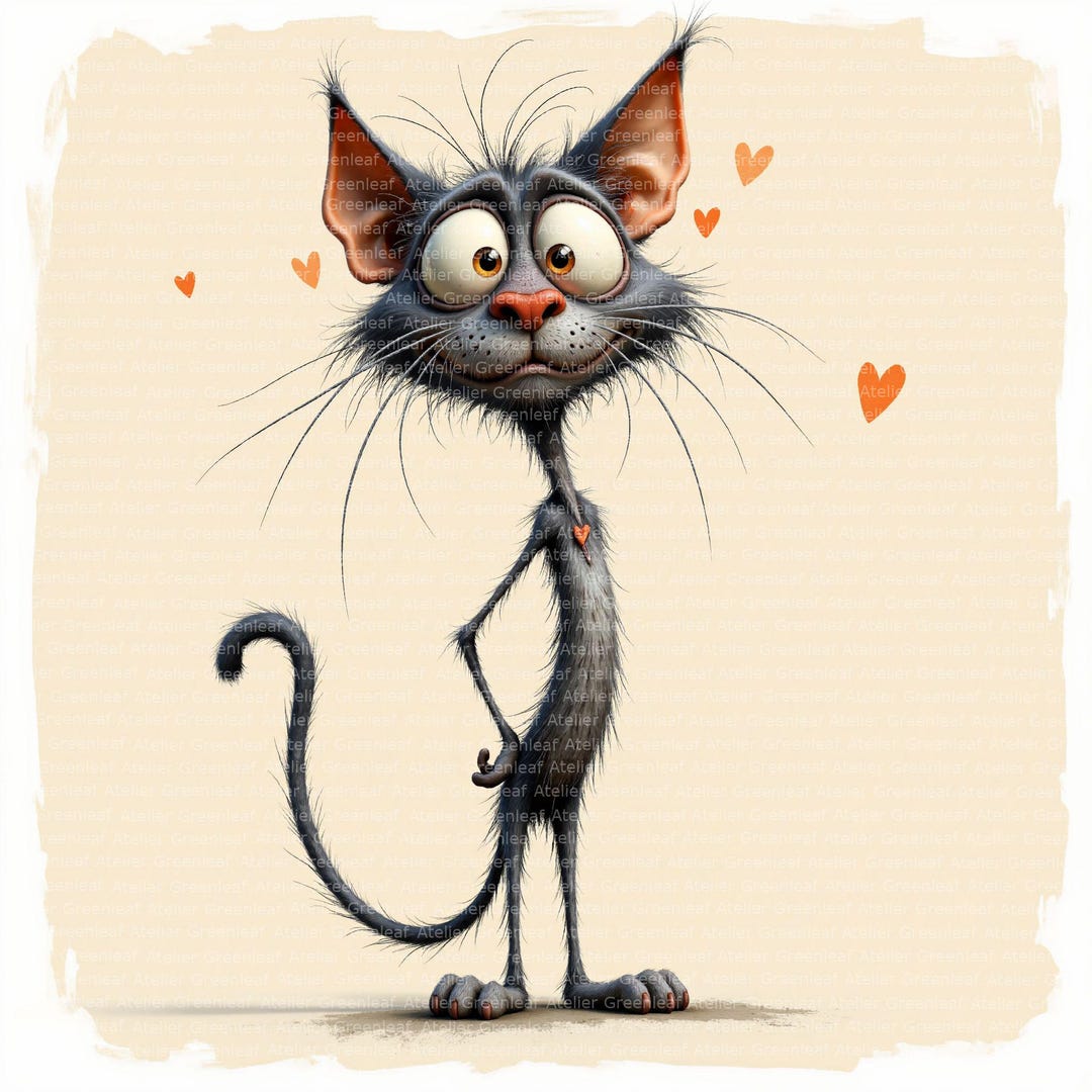 12 Scruffy Skinny Cat Clipart | Quirky Cat Illustrations | Whimsical ...