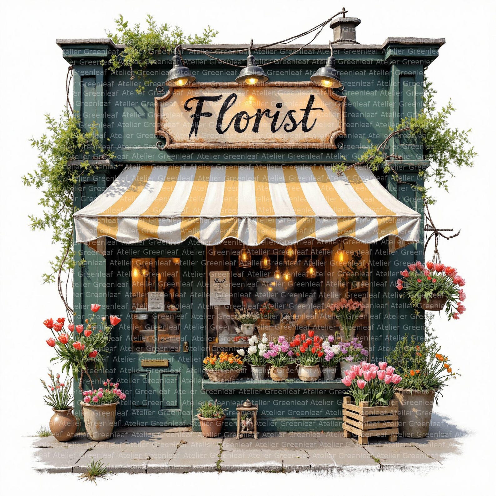 10 Watercolor Flower Shop Clipart, Rustic Florist Storefront Bundle ...