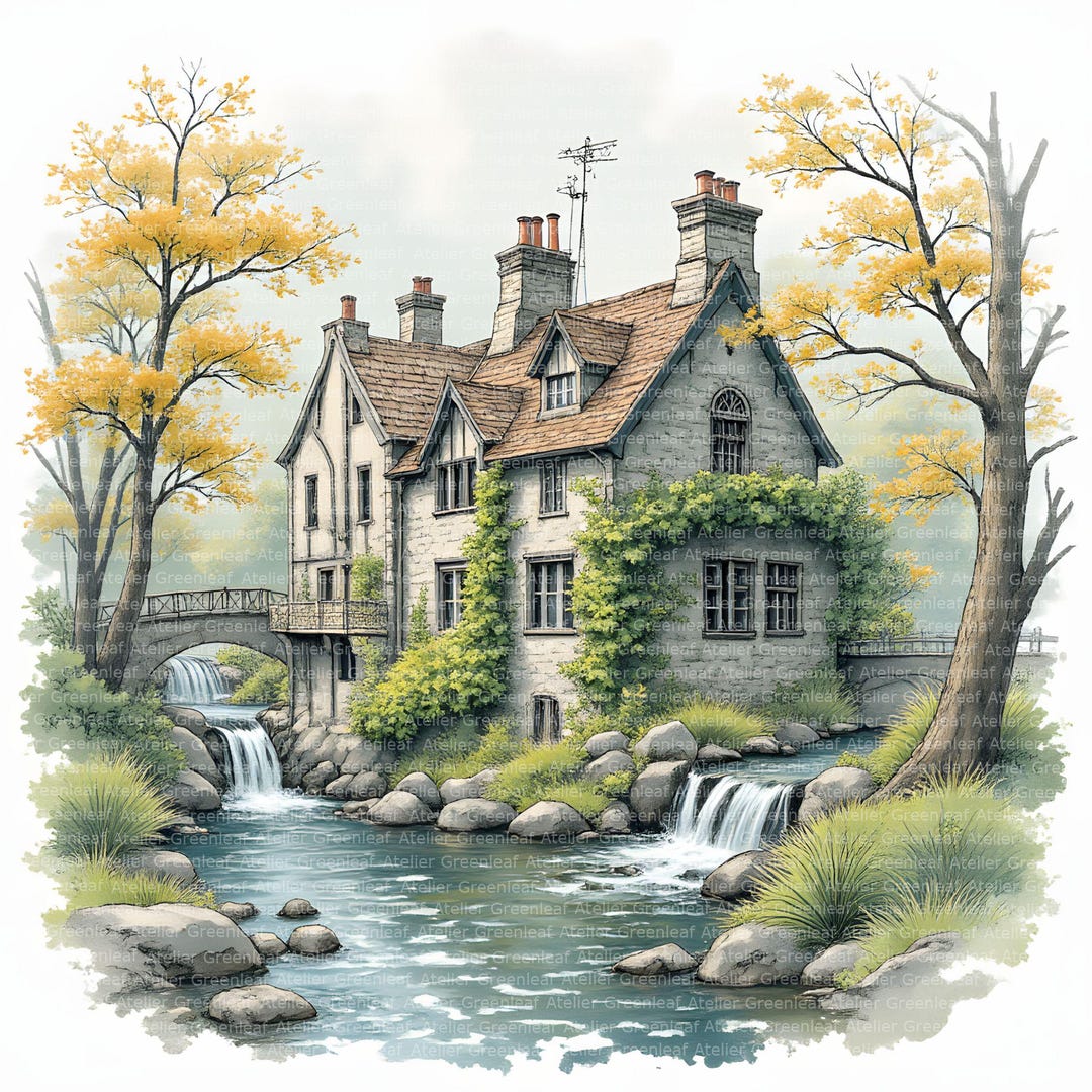 33 ilustraciones de acuarela de un pueblo otoñal o puente ribereño ...