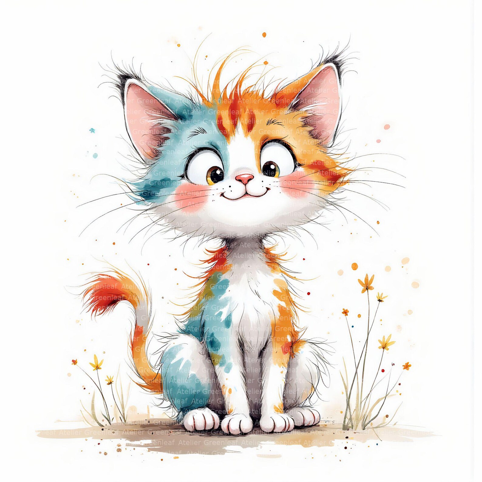 14 Scruffy Doodle Cats | Whimsical Cartoon Kitten Clipart | Watercolor ...