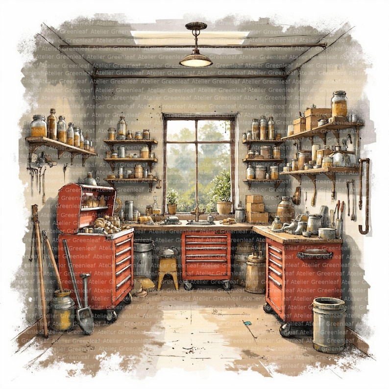 13 Mechanic Shop Scene | Vintage Workshop Clipart Decor | Digital ...
