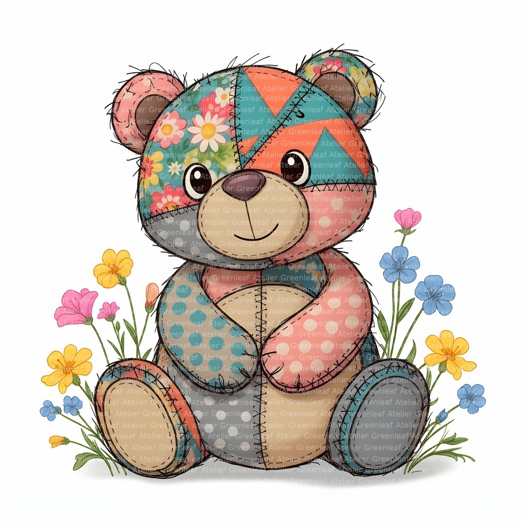 20 Stitched Patchwork Teddy Bear Illustration | Colorful Fabric ...