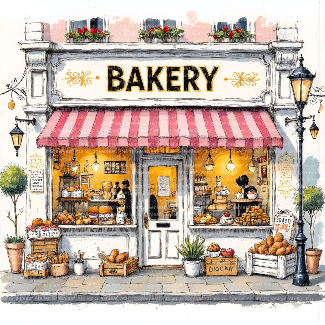 26 Whimsical Bakery Shop Clipart | Sweet Storefront Art | Bold Outline ...
