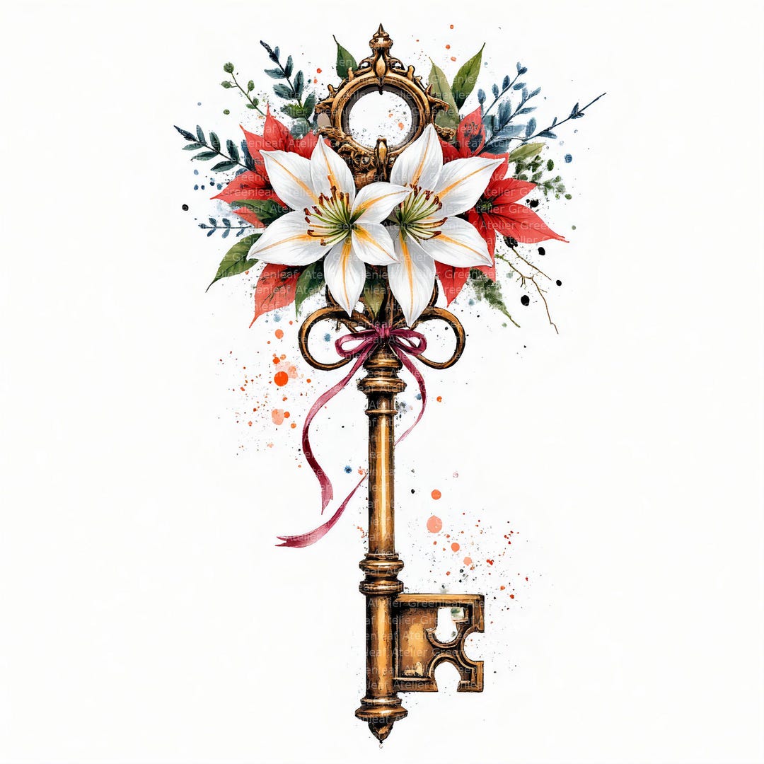 12 Vintage Key | Florals Watercolor Clipart | Ornate Key | Flowers ...