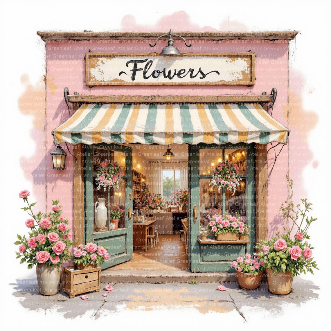 10 Watercolor Flower Shop Clipart, Rustic Florist Storefront Bundle ...