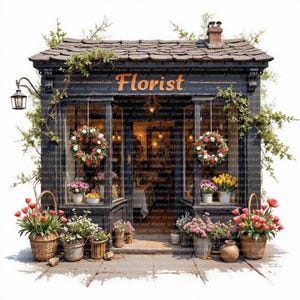 10 Watercolor Flower Shop Clipart, Rustic Florist Storefront Bundle ...