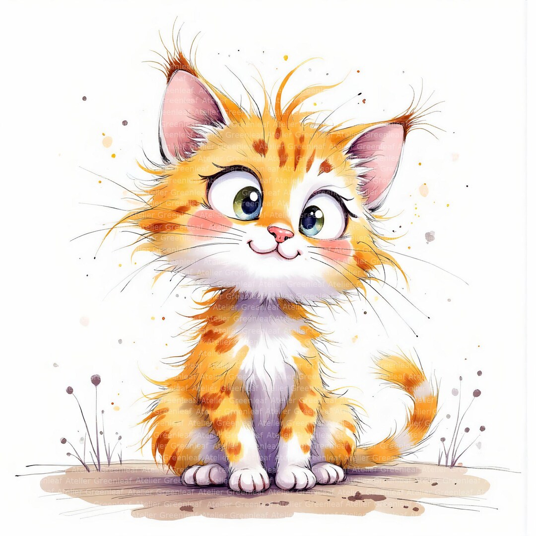 14 Scruffy Doodle Cats | Whimsical Cartoon Kitten Clipart | Watercolor ...