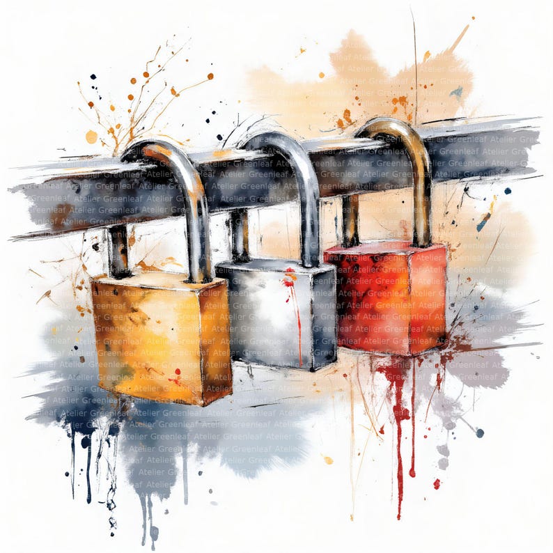 11 Padlocks on a Bridge Clipart | Watercolor Close-up Locks Hanging ...