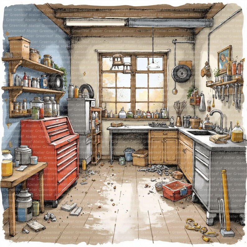 13 Mechanic Shop Scene | Vintage Workshop Clipart Decor | Digital ...