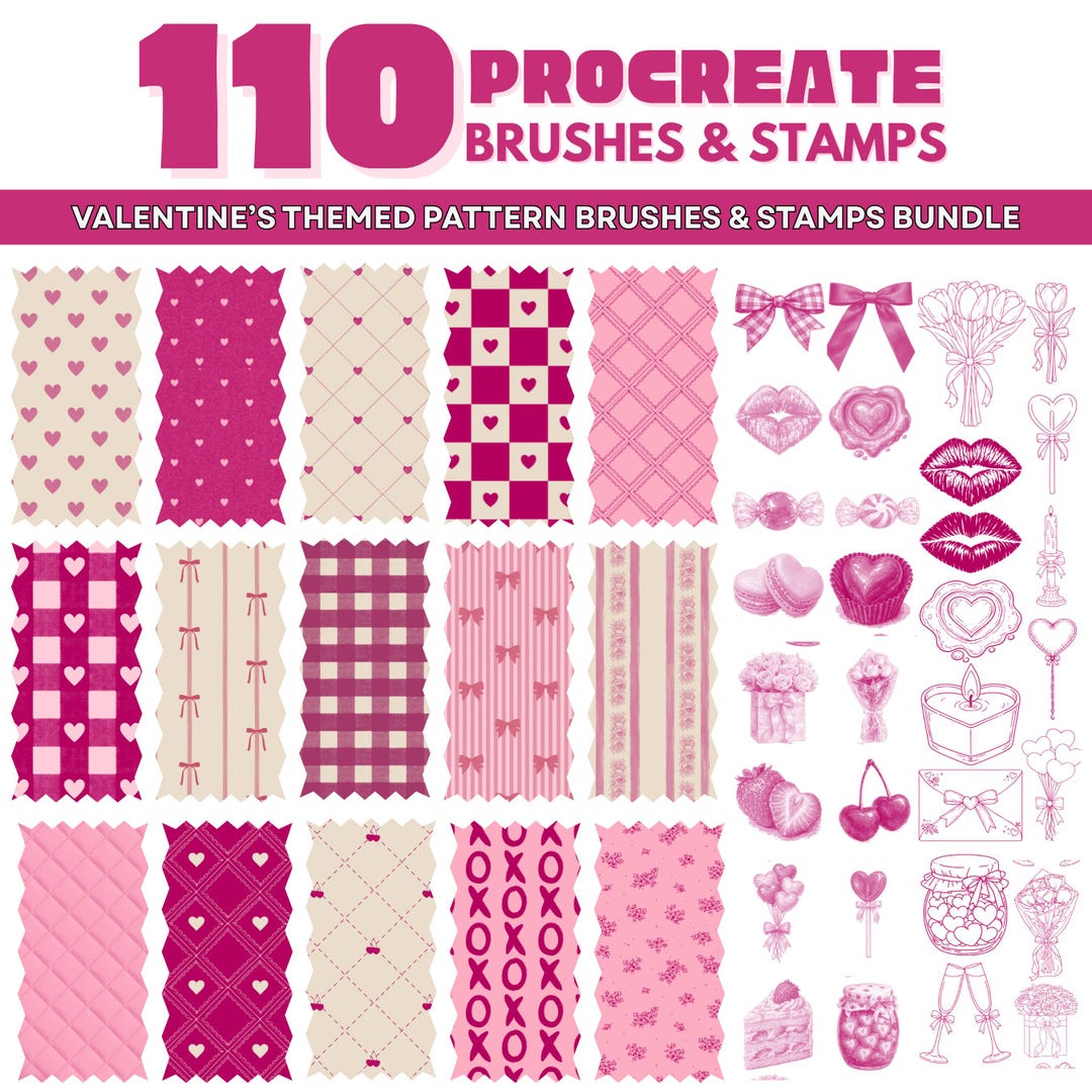 Procreate Valentines Bundle Heart Stamps Love Doodles Pattern Brushes ...
