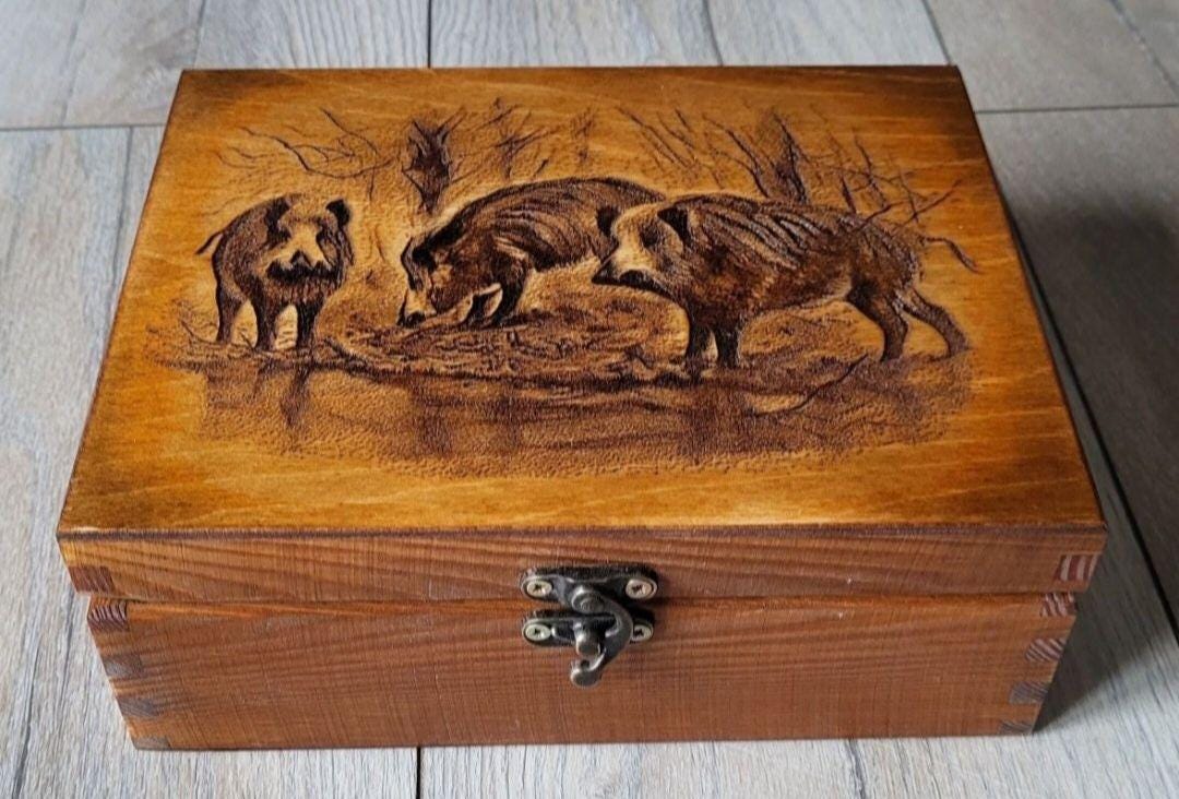 A Gift for a Hunter. A Wooden Box With a Wild Boar Engraving. A Box for ...