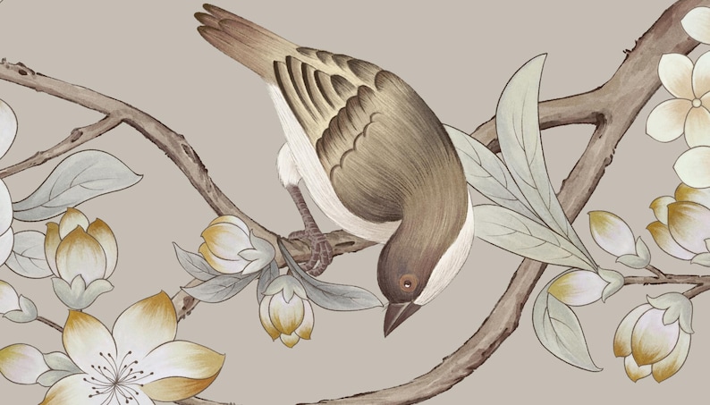 Chinoiserie Bird Mural Wallpaper: Vintage Oriental Wall Decor - Etsy