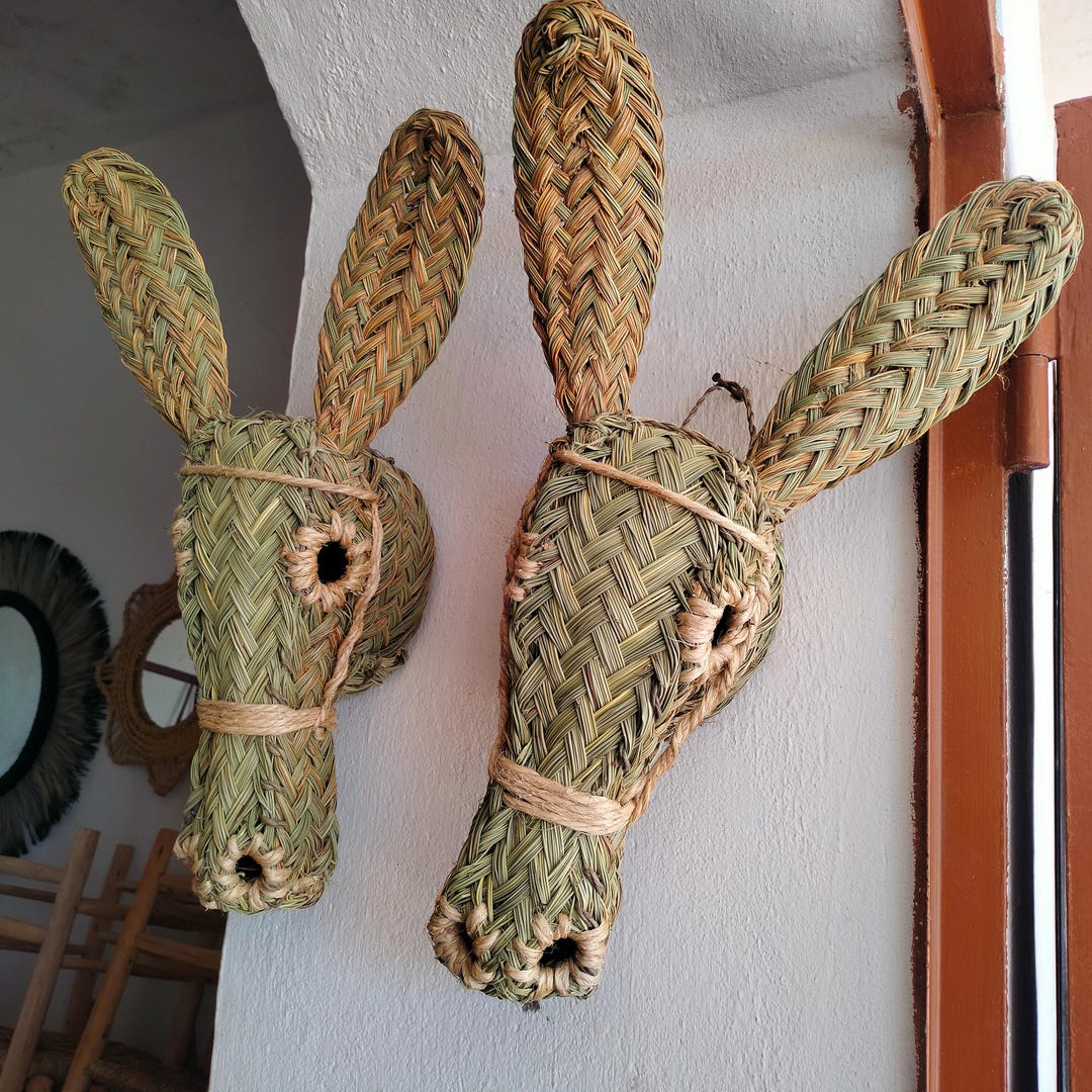 Set of 2 Unique Moroccan Straw Bull Head, Animal Head Wall Decor, Faux ...