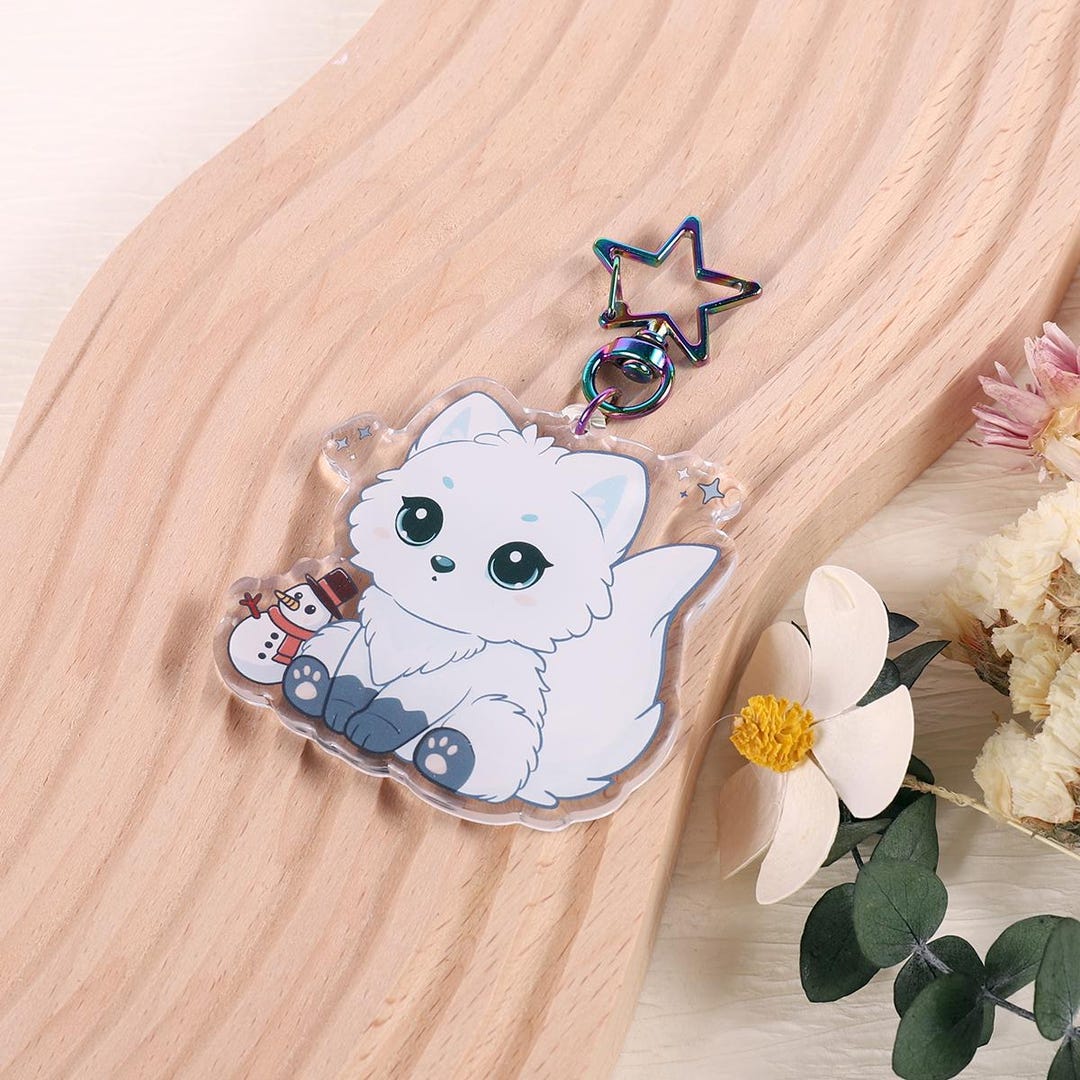 Arctic Fox Acrylic Keychain: Kawaii Winter Charm With Rainbow Clasp - Etsy