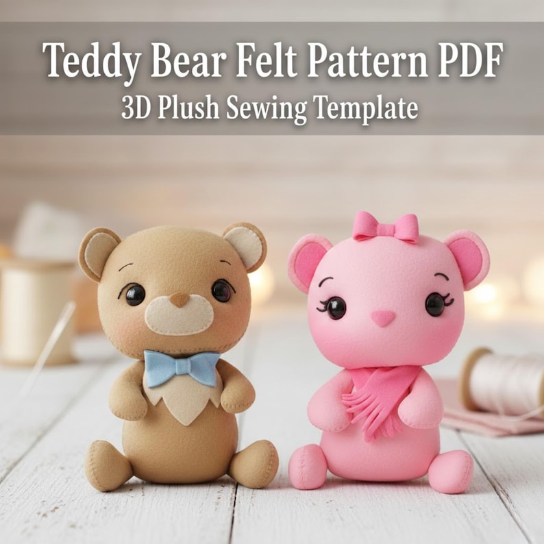 Teddy & Pink Bear Felt Bundle PDF | 3D Plush Sewing Tutorial | Nursery ...