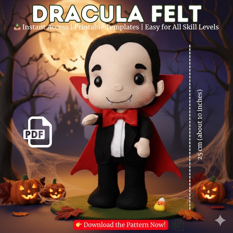 Dracula Felt Doll Pattern – Easy Halloween Plush PDF for Spooky Décor ...