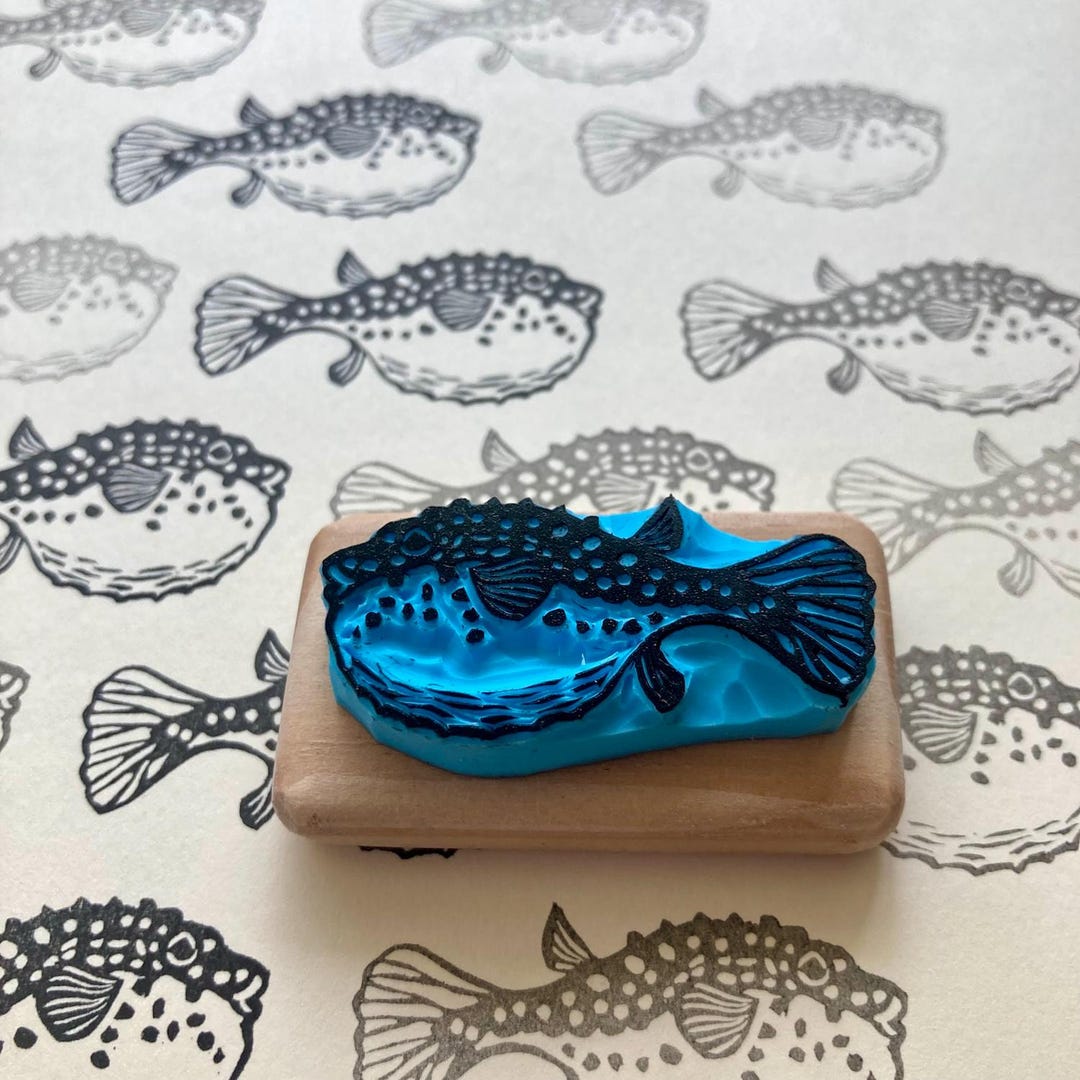 Little Puffer Fish Stamp, Hand Carved, Wood Mounted - Etsy