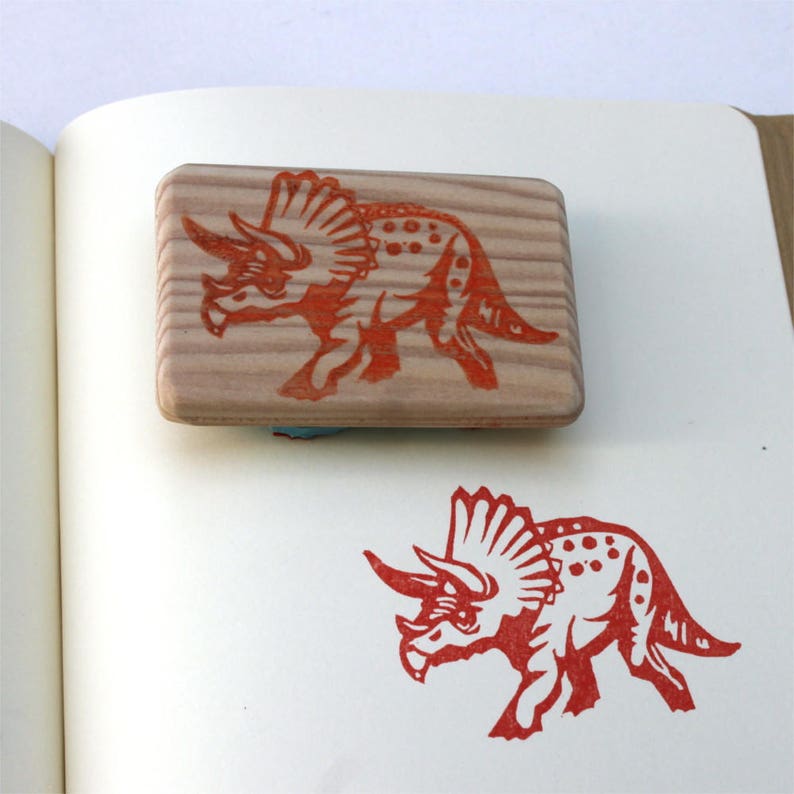 Dinosaur Rubber Stamp Triceratops Hand Carved Wood Mounted - Etsy