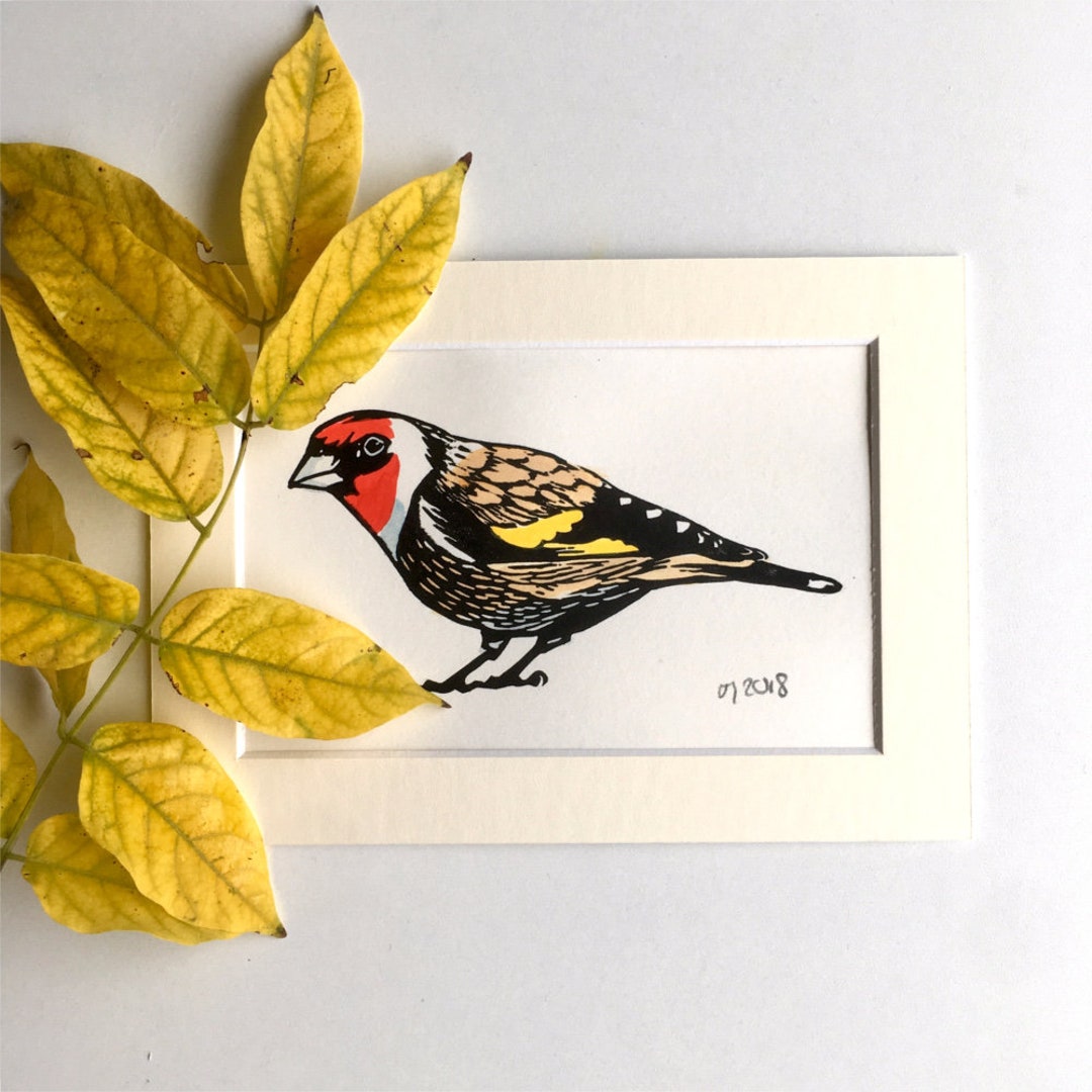 Goldfinch Bird Original Linocut Print, With Off-white Mat, Hand Printed ...