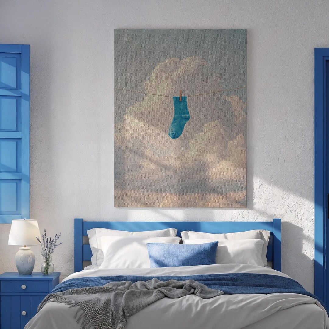 Surreal Sock Cloud Wall Art Print, Minimalist Blue Sock on Clothesline ...