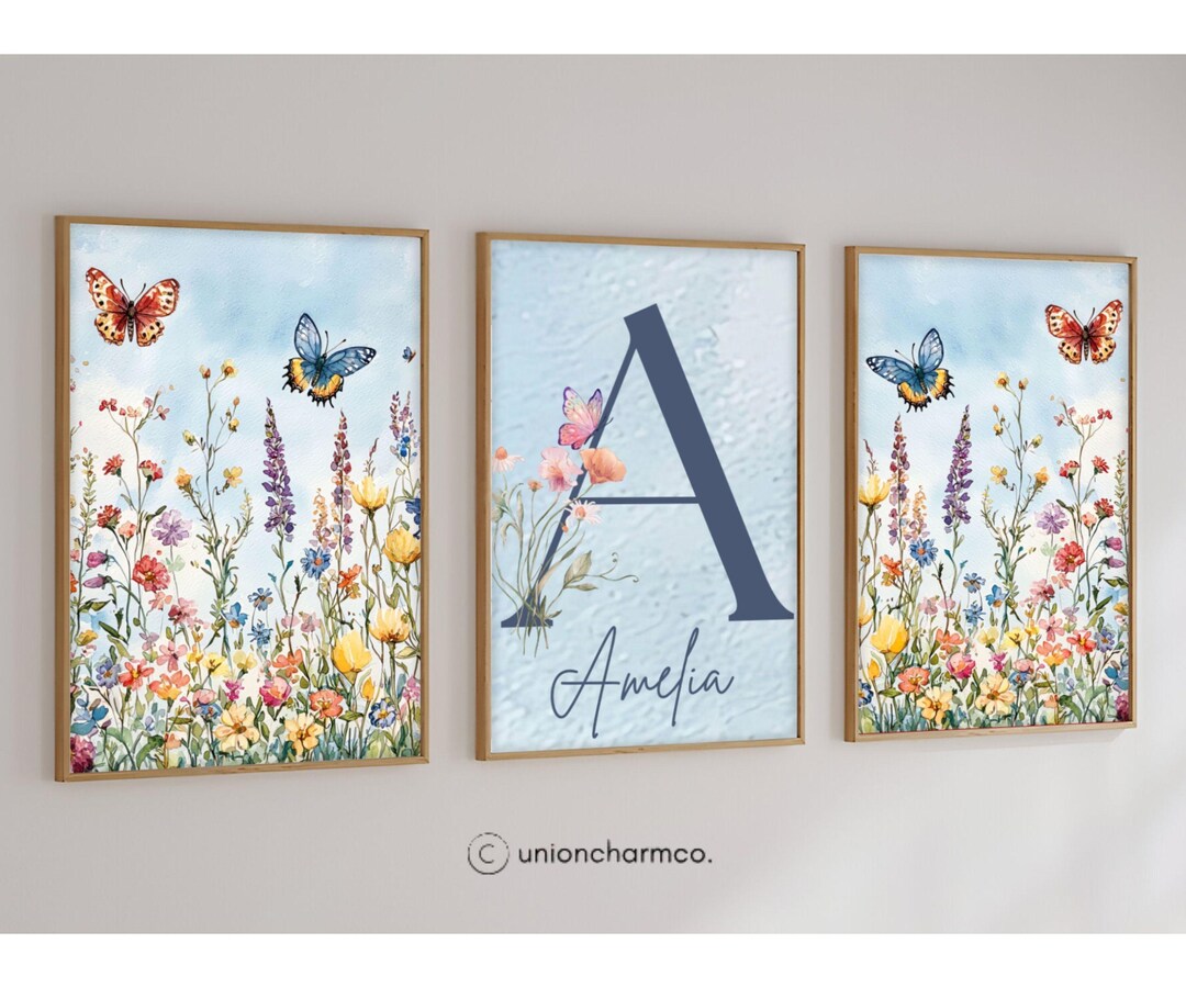 Personalized Floral Nursery Wall Art Set, Butterfly Wildflower Prints ...
