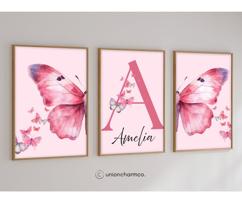 Custom Butterfly Name Print Set of 3 – Custom Initial Pink Watercolor ...