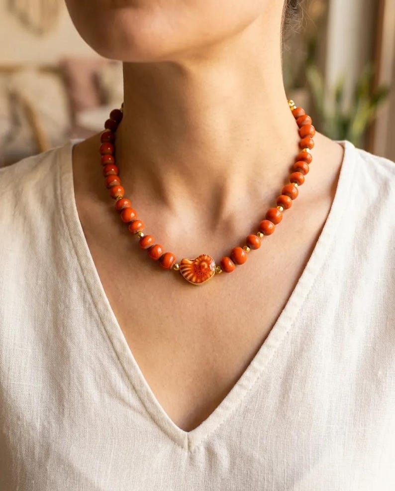Orange Handmade Ceramic Beaded Beach Jewelry With Seashell Pendant ...