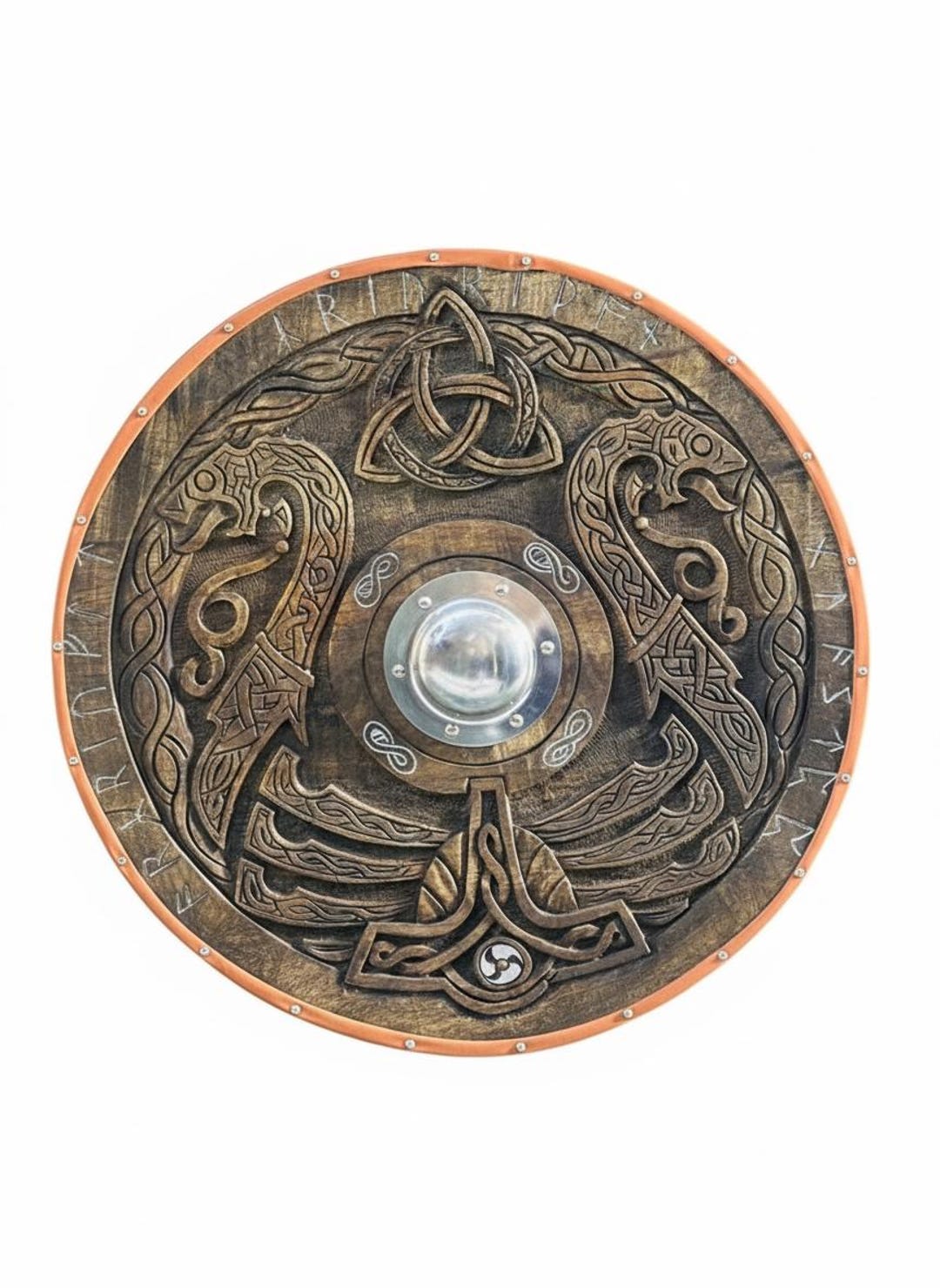 Hand Carved Viking Round Shield – Medieval Norse Serpent & Mjolnir ...