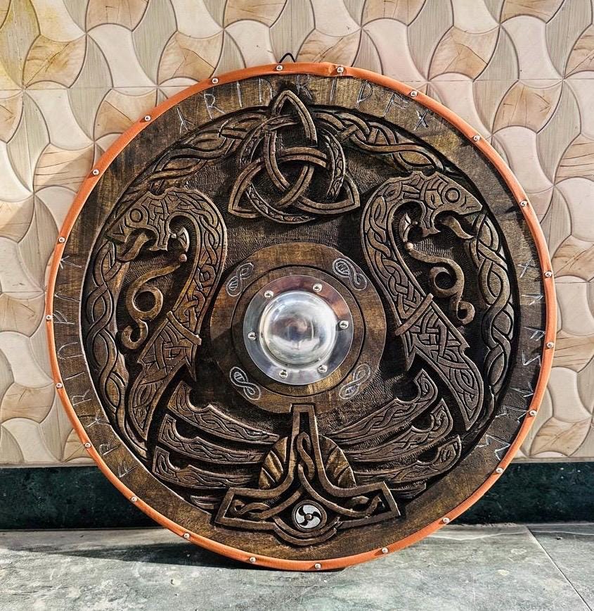 Hand Carved Viking Round Shield – Medieval Norse Serpent & Mjolnir ...