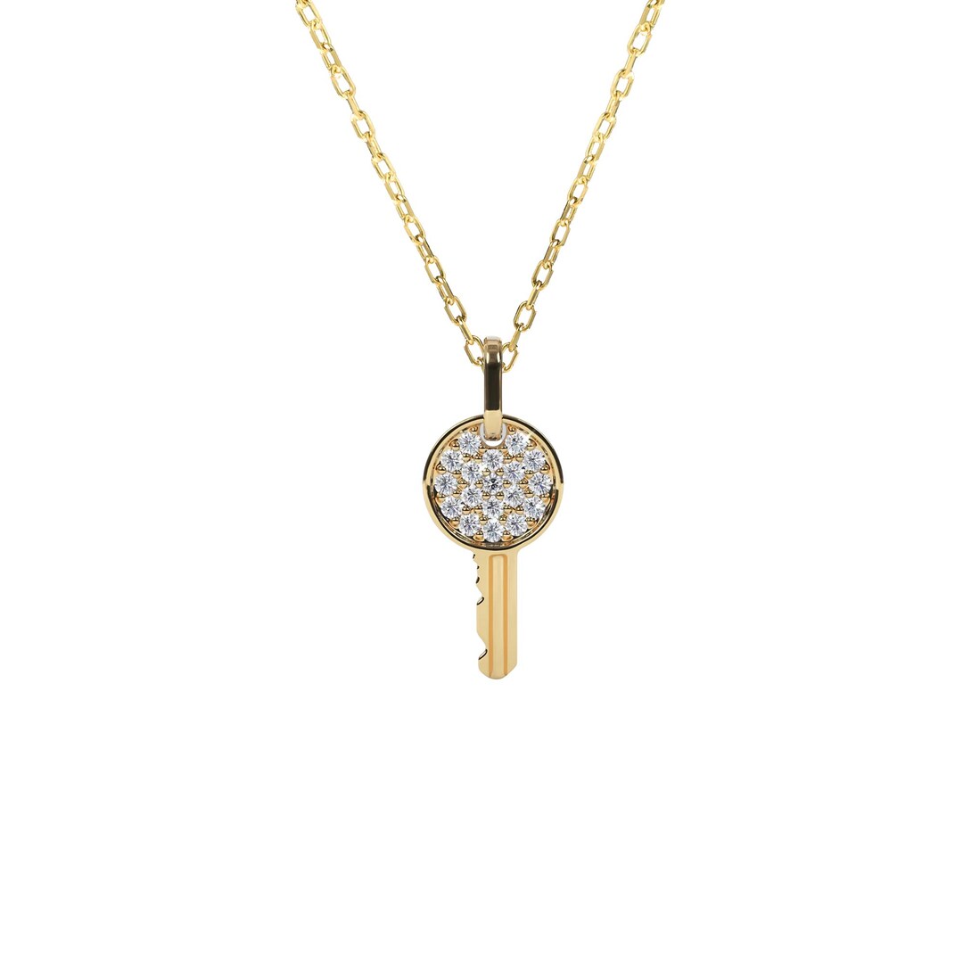 Key Necklace 10K Solid Gold Everyday Key Charm With CZ Stones and Chain ...