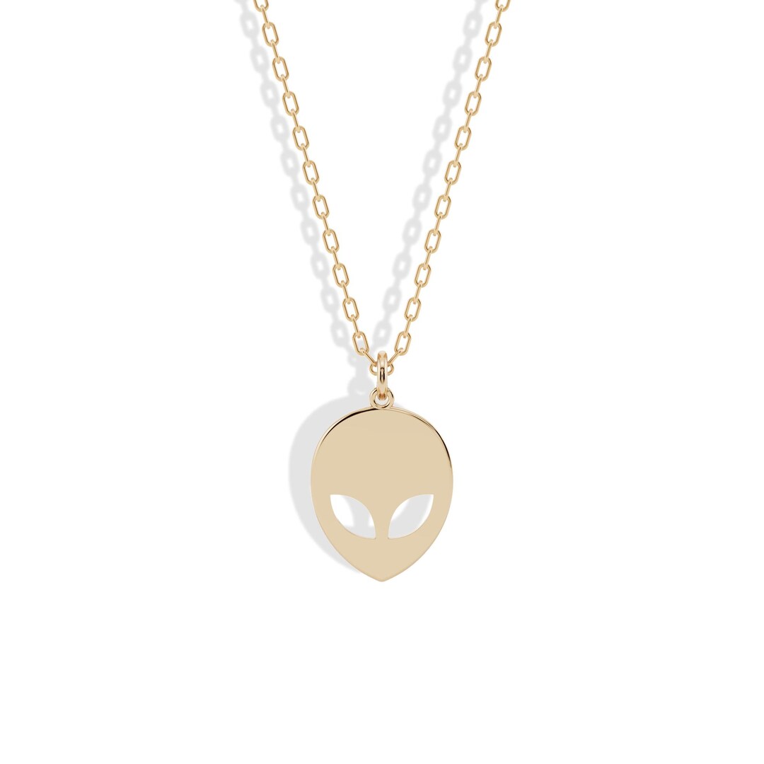 Alien Head 14K Solid Gold Necklace Alien Face Pendant With Minimalist ...
