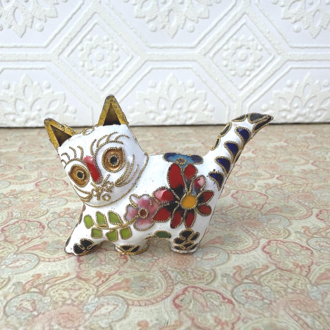 Vintage Cloisonné Cat Figurine — Enamel Brass Kitty, Floral Chinoiserie ...