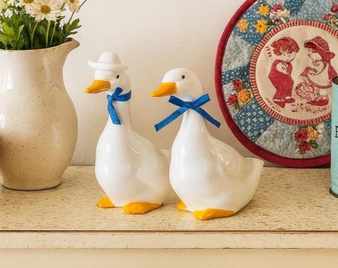 Vintage Ceramic Geese Pair — 1980s Country Farmhouse Figurines With ...