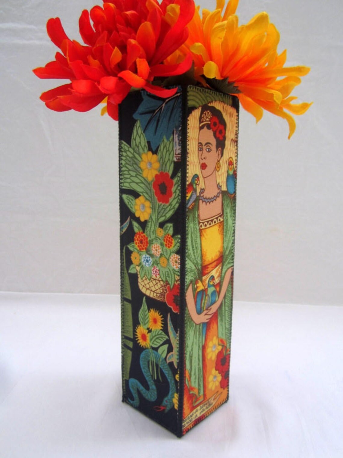 Frida Kahlo and Parrots Tall Fabric Vase Gold Green Mexican | Etsy