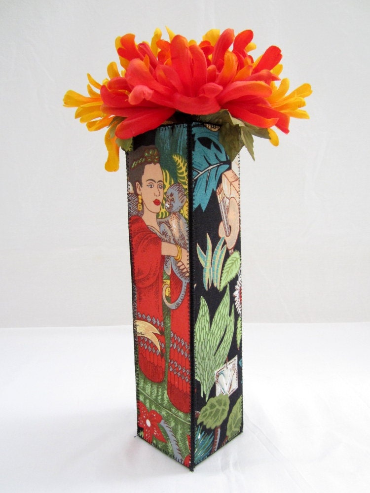 Frida Kahlo and Monkey Tall Fabric Vase Red Green Mexican Artist Jungle ...