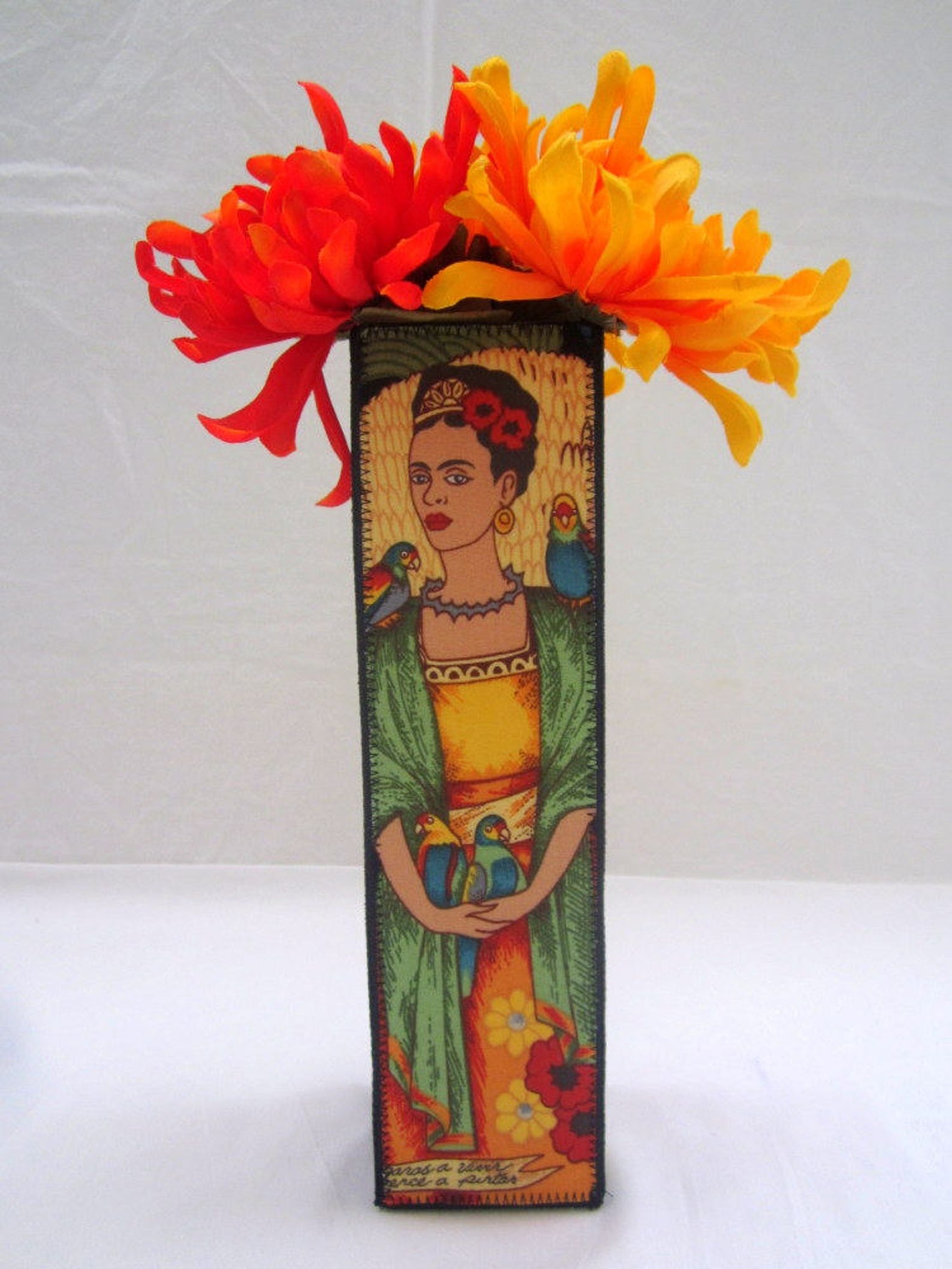 Frida Kahlo and Parrots Tall Fabric Vase Gold Green Mexican | Etsy