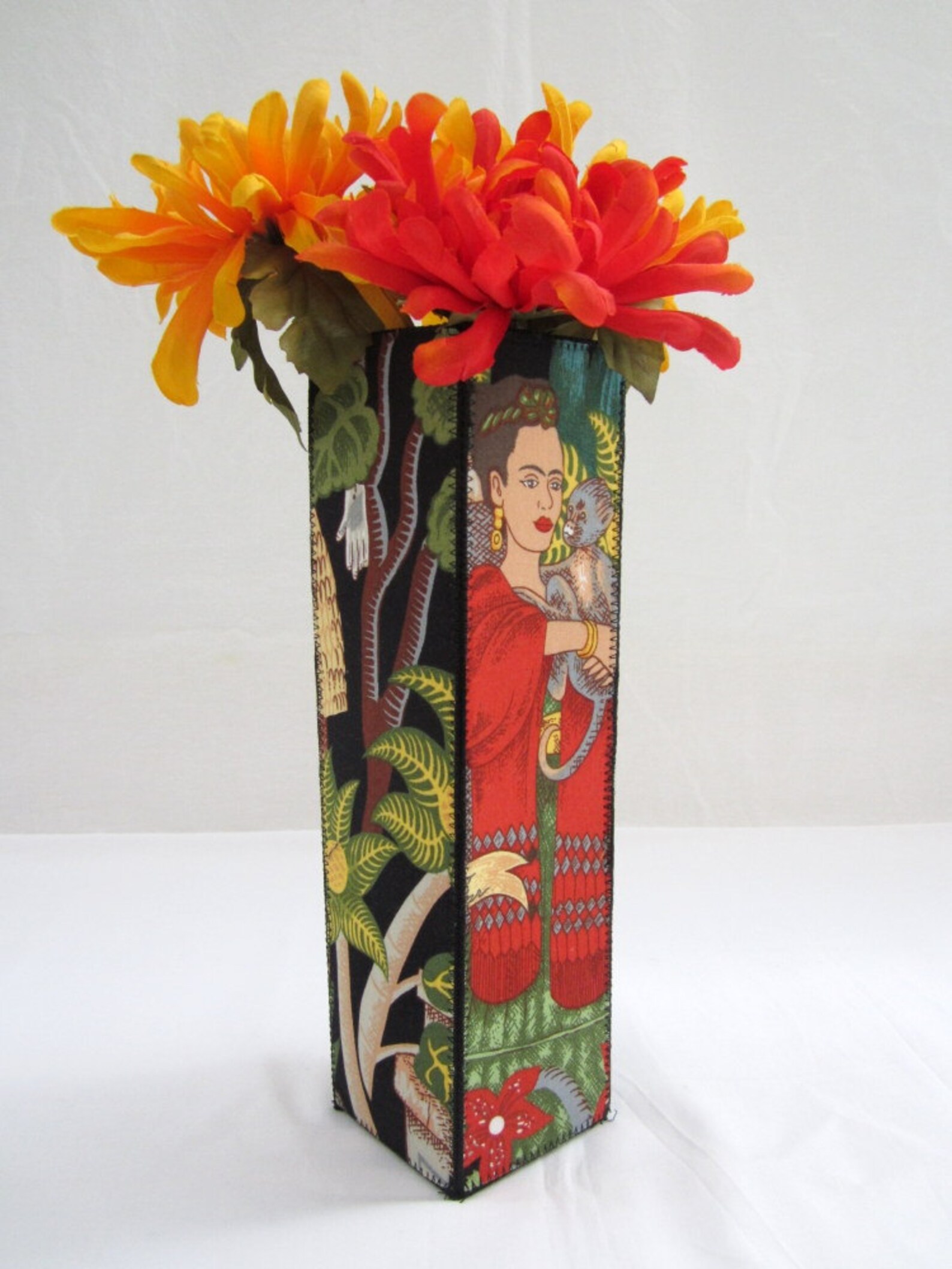 Frida Kahlo and Monkey Tall Fabric Vase Red Green Mexican Artist Jungle ...