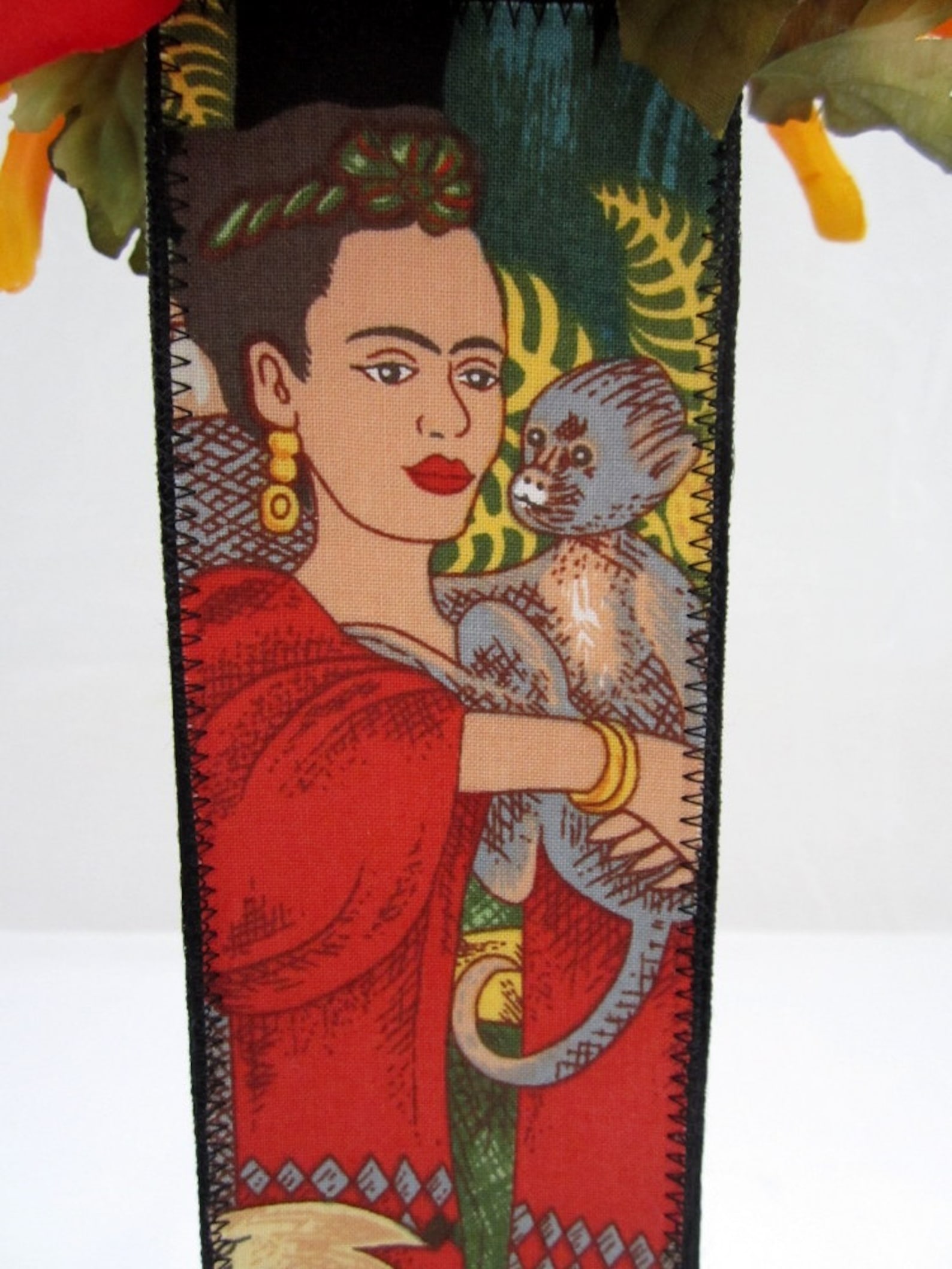 Frida Kahlo and Monkey Tall Fabric Vase Red Green Mexican Artist Jungle ...