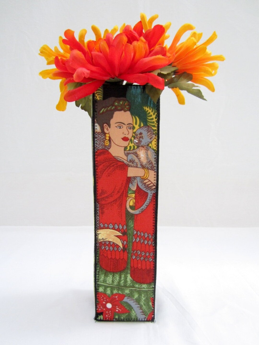Frida Kahlo and Monkey Tall Fabric Vase Red Green Mexican Artist Jungle ...