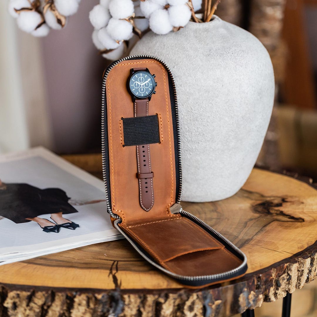 Single Leather Watch Travel Case, Handmade Protective Watch Box ...