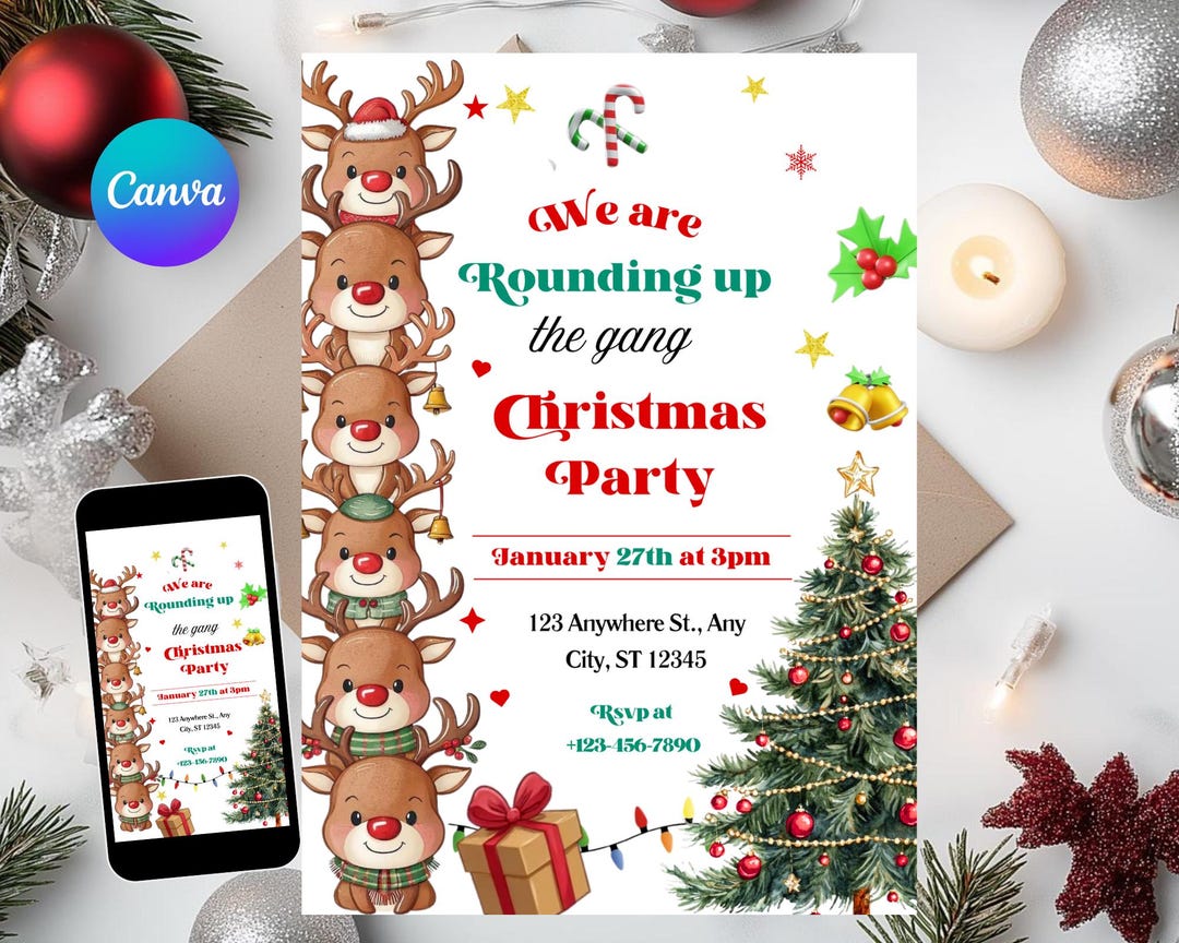 Editable Reindeer Christmas Party Invitation, We're Rounding up the ...