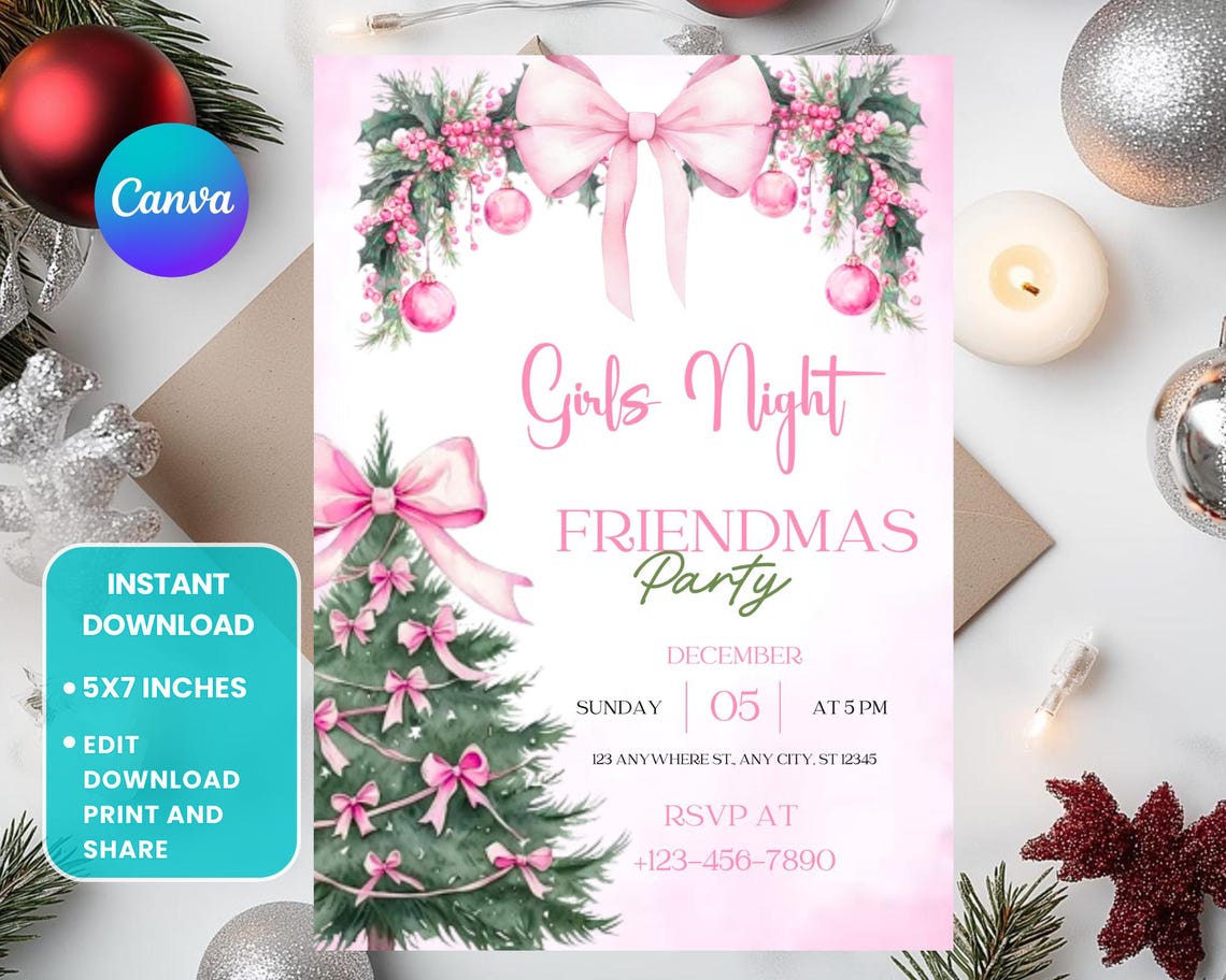 Girls Night Christmas Party Invitation Template, Pink Bow Holiday ...