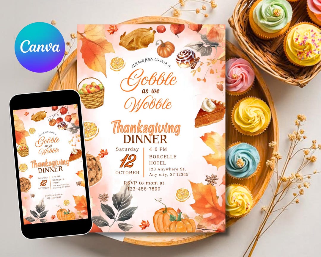 EDITABLE Gobble Till We Wobble Thanksgiving Invitation Template ...
