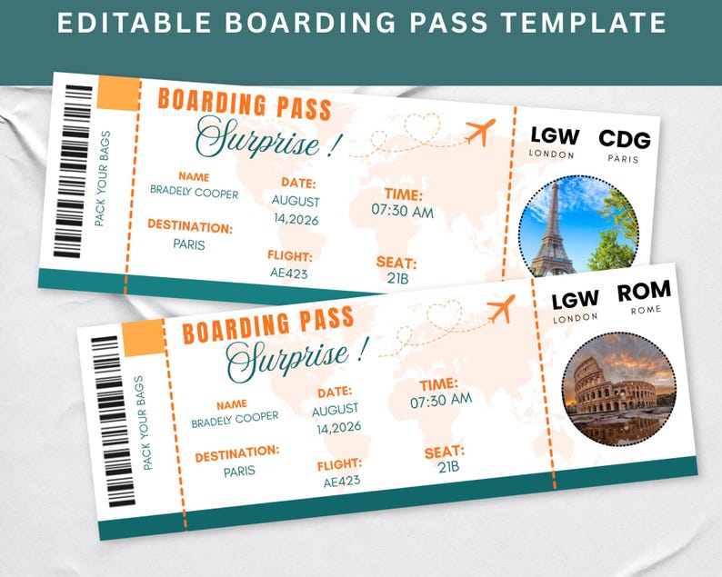 Editable Boarding Pass Template, Printable Personalized Airline Ticket ...