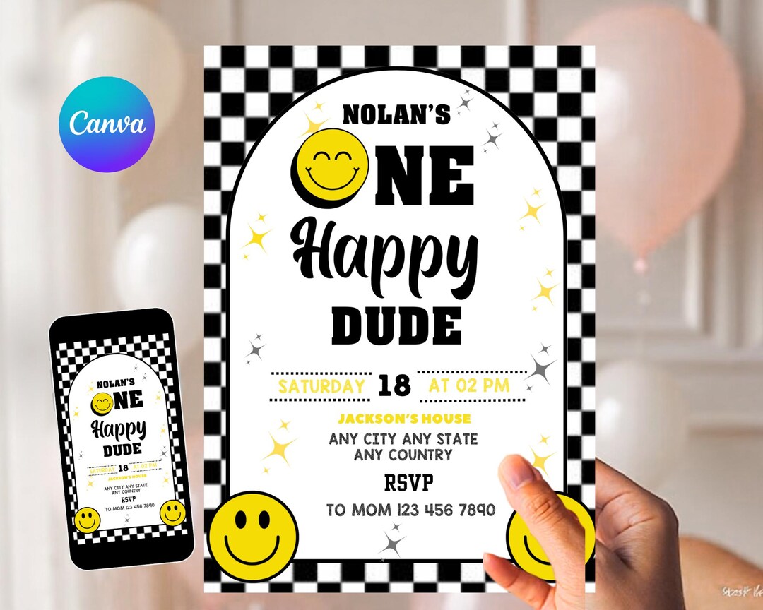 One Happy Dude Birthday Invitation, Smiley Face Retro One Happy Dude ...