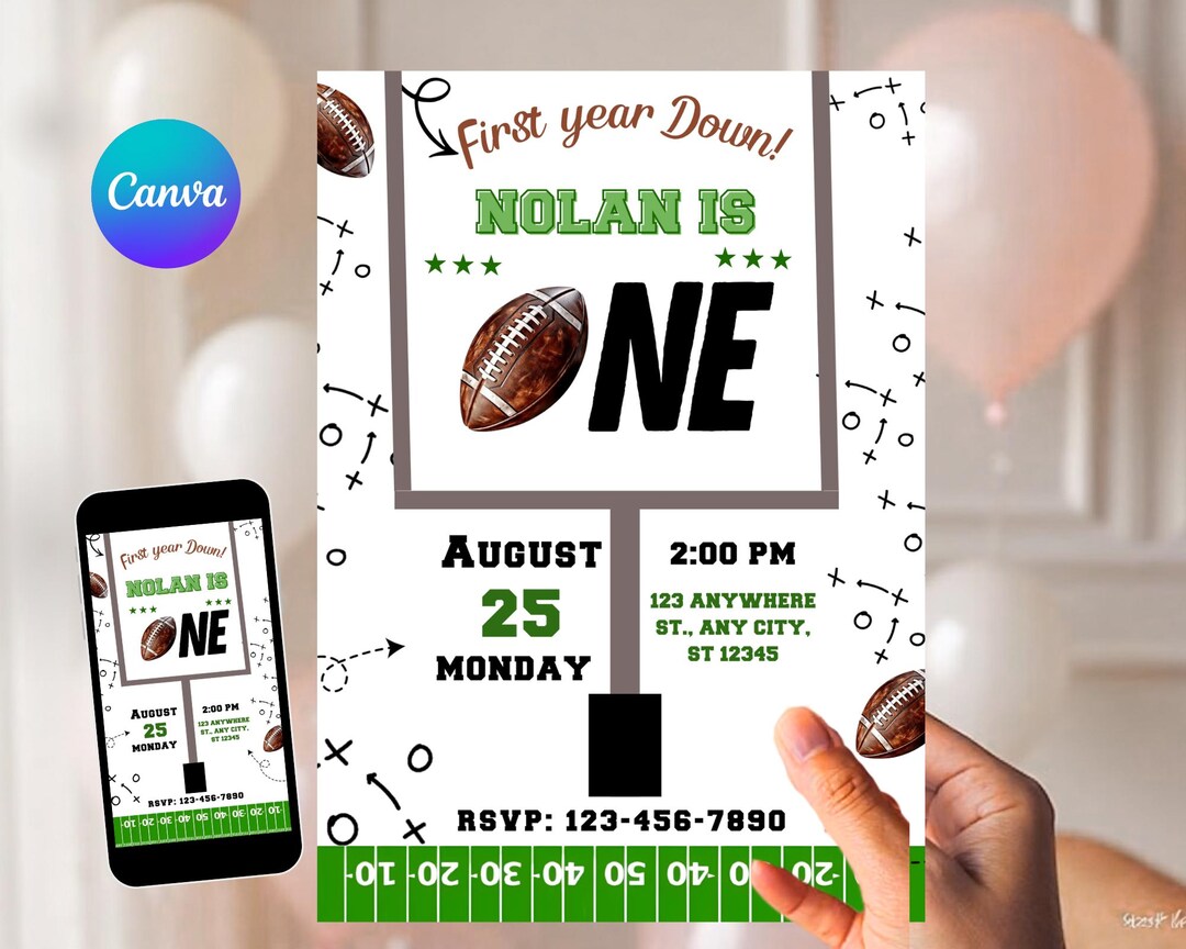 Editable Football Birthday Invitation, First Year Down, Football ...