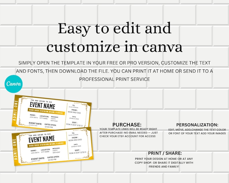 Concert Ticket Canva Editable Template, Printable Ticket Gift Design ...