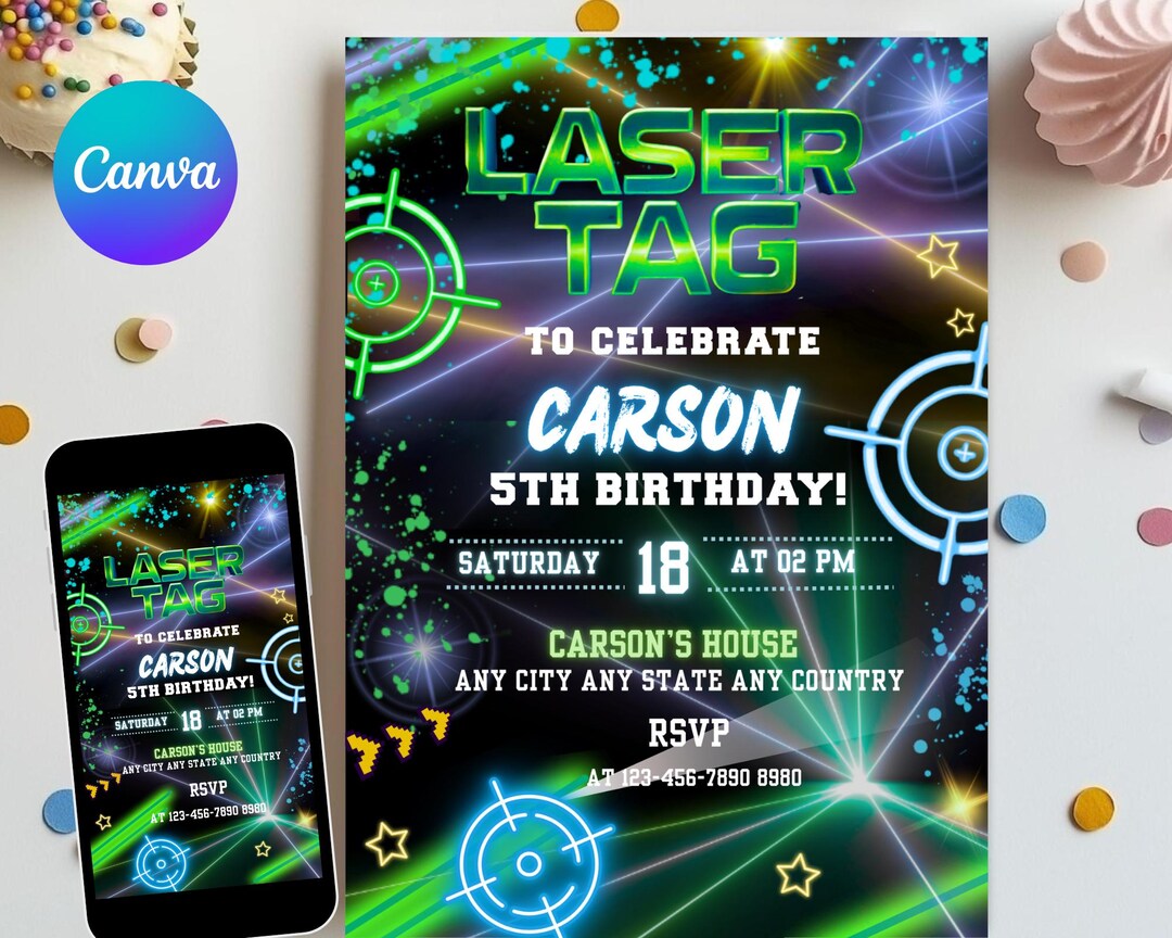 Editable Laser Tag Birthday Invitation, Glow Laser Tag Party, Neon ...